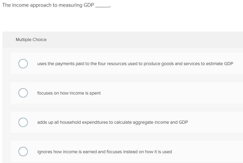 Solved The income approach to measuring GDP Multiple Choice | Chegg.com