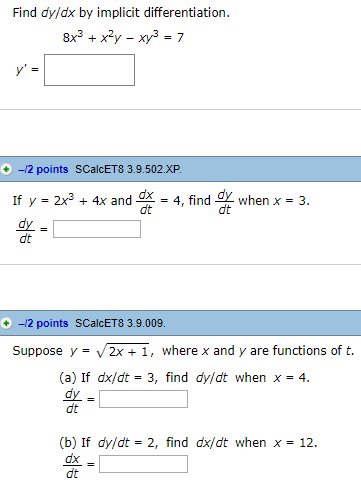 Solved Find dy/dx by implicit differentiation +-12 points | Chegg.com