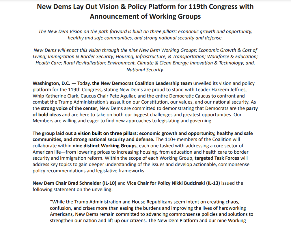 New Democrat Coalition (US House moderates/centrists) lays out their ...