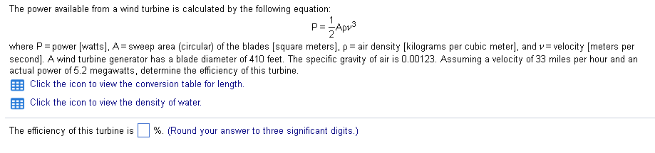 Solved The power available from a wind turbine is calculated | Chegg.com