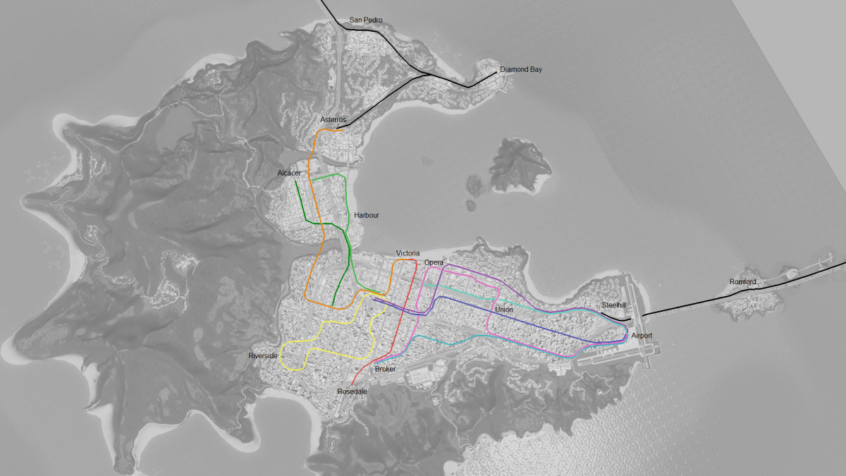 My city's subway and train route map. : CitiesSkylines