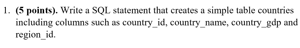 Solved 1. (5 points). Write a SQL statement that creates a | Chegg.com