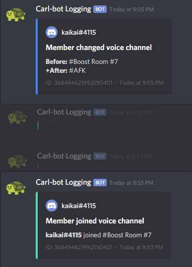 Are there personal logs of joining and leaving discord channels? If not ...
