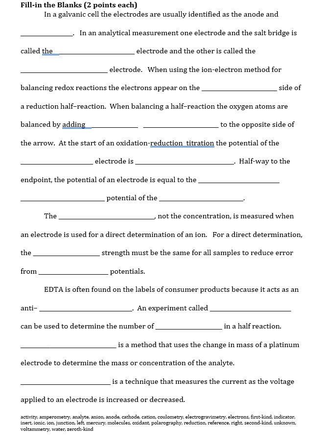 Solved Fill-in the Blanks (2 points each) In a galvanic cell | Chegg.com