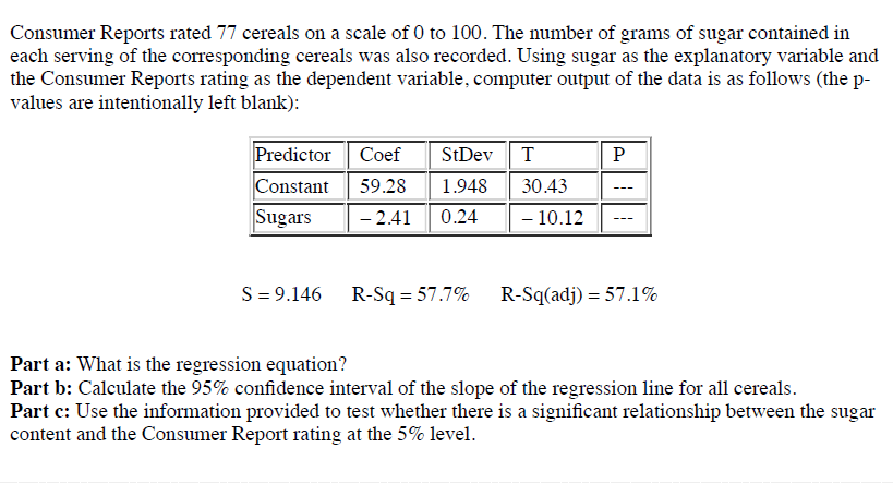 Solved Consumer Reports rated 77 cereals on a scale of 0 to | Chegg.com