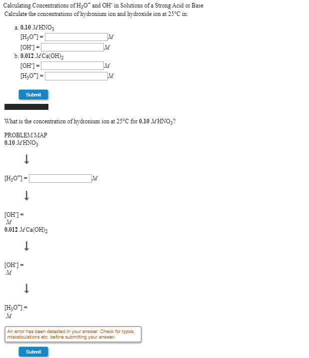 Solved Calculating Concentrations of H30* and OH in | Chegg.com