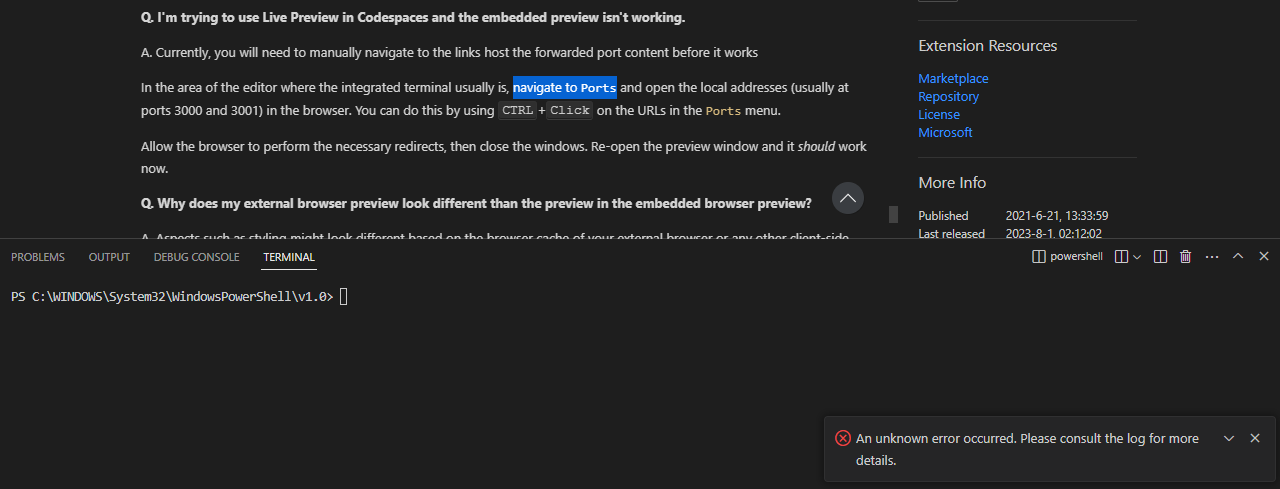 An unknown error occurred. · Issue #547 · microsoft/vscode-livepreview · GitHub