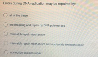 Solved Errors during DNA replication may be repaired by: O | Chegg.com