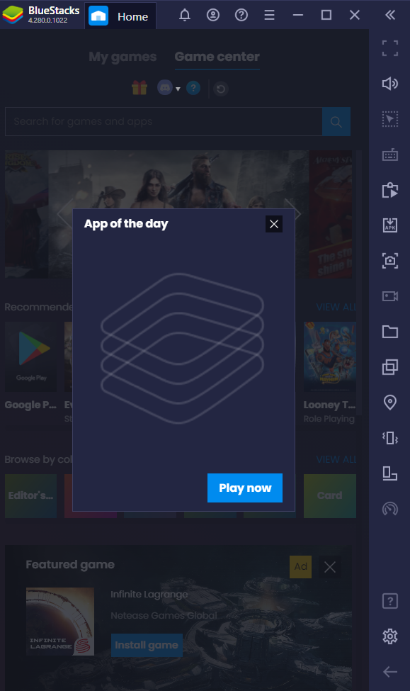Bluestacks "home" screen displays large bluestacks logo when launched ...
