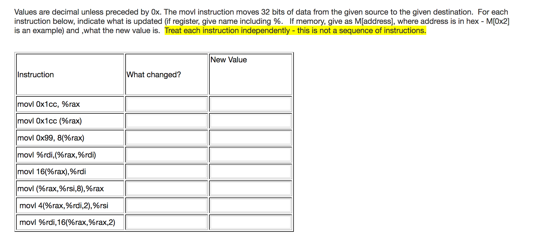 Solved Values are decimal unless preceded by 0x. The movl | Chegg.com