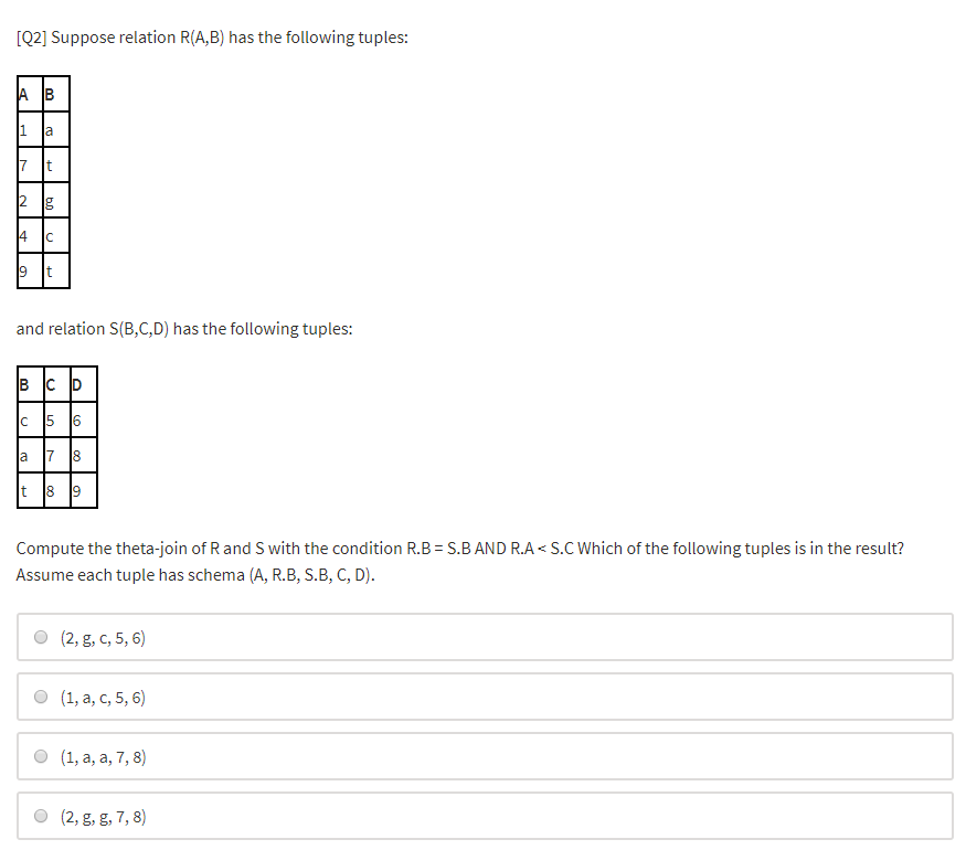 Solved Q2] Suppose relation R(A,B) has the following tuples: | Chegg.com