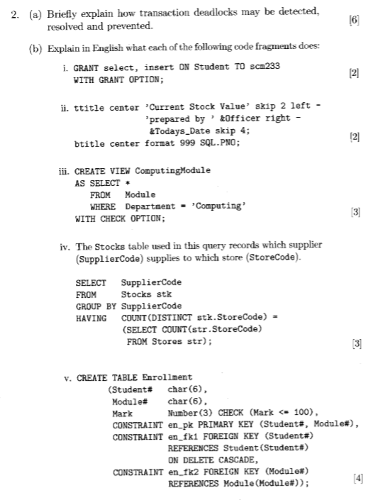 Solved Database Past Paper Help I need help with a | Chegg.com