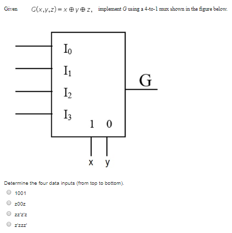 Solved Given G(x,y,z)= x y z, implement Gusing a 4-to-1 mux | Chegg.com