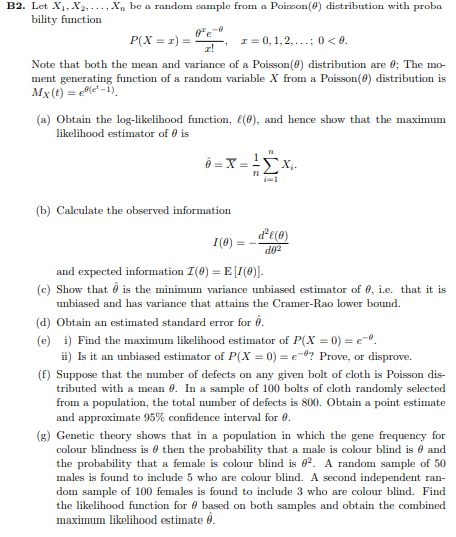 Solved B2. Let X.X2....,Xbe a random sample from a Poiszon() | Chegg.com