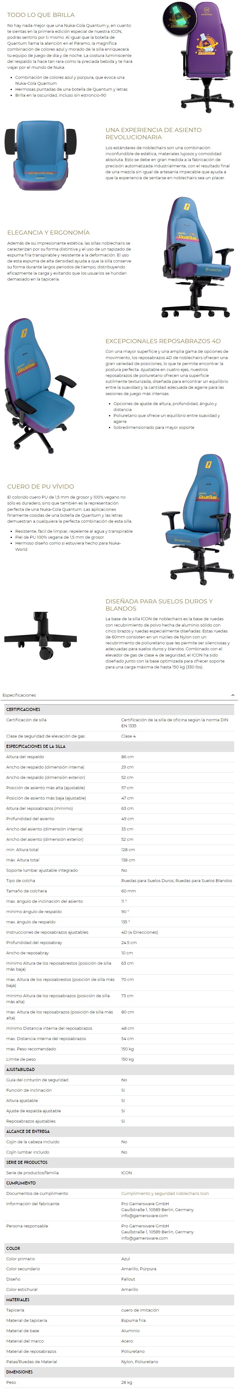 SILLA GAMING NOBLECHAIRS ICON FALLOUT NUKA-COLA QUANTUM – CUERO ...