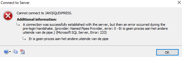 SQLEXPRESS server error 233 - Windows clients - GoT