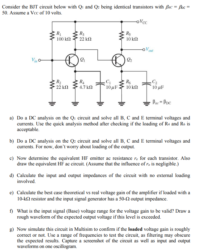 Solved Consider the BJT circuit below with Qi and Q2 being | Chegg.com