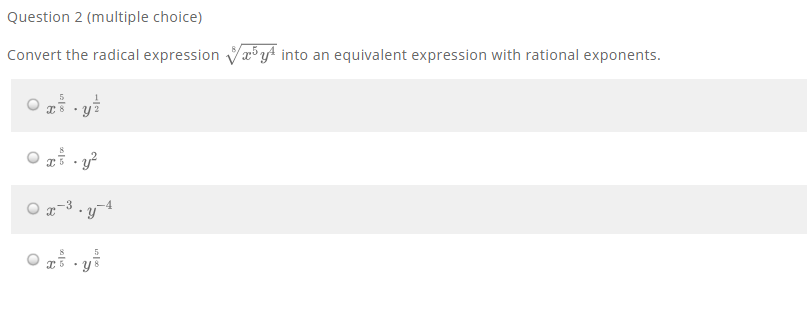 Solved Question 2 (multiple choice) Convert the radical | Chegg.com