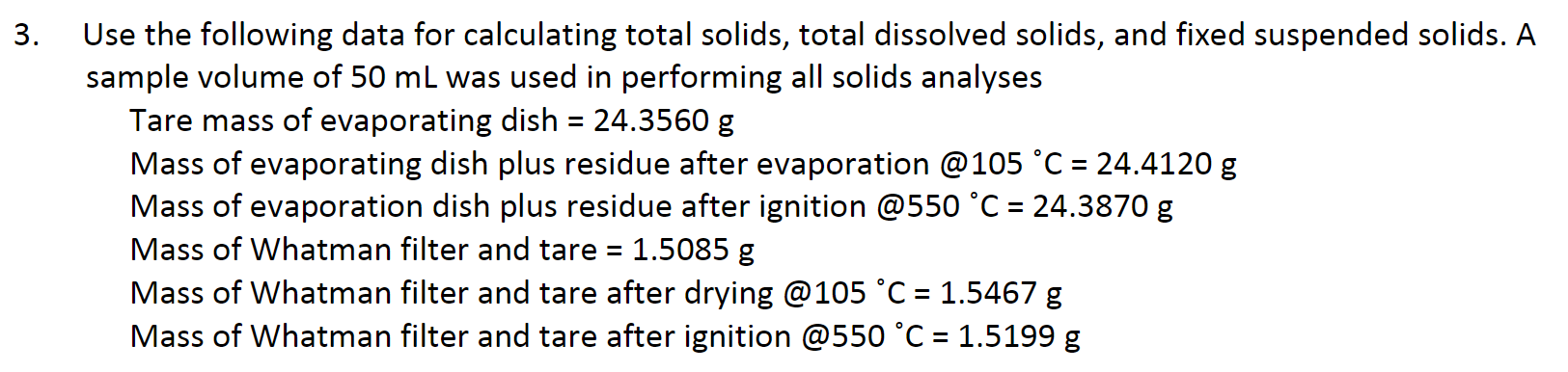 Solved Use the following data for calculating total solids, | Chegg.com