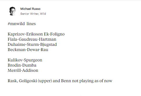 Michael Russo: #mnwild lines Kaprizov-Eriksson Ek-Foligno... - The ...