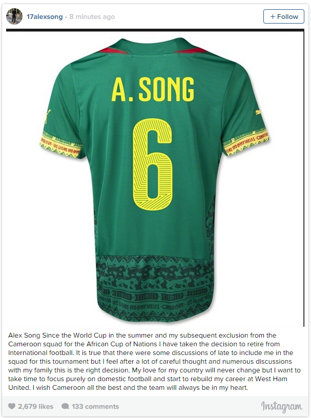 Alex Song retires from International Football. : r/soccer