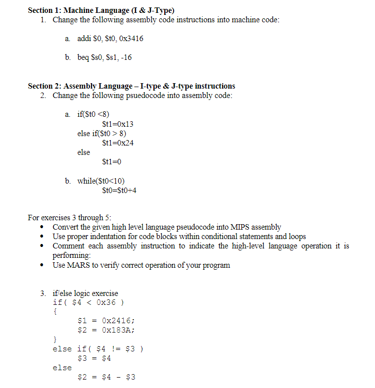 Section 1: Machine Language (I & J-Type) 1. Change | Chegg.com