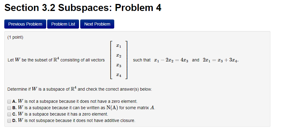 Solved Section 3 2 Subspaces Problem 4 Previous Problem