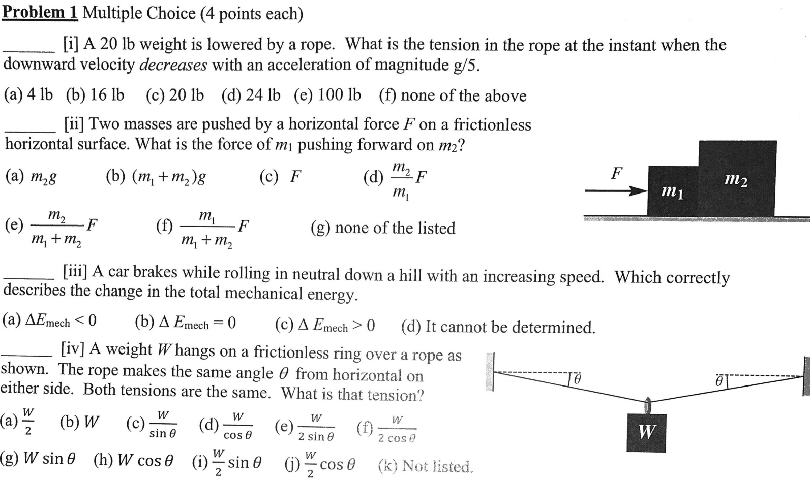 Solved m2 mi (e) Problem 1 Multiple Choice (4 points each) | Chegg.com