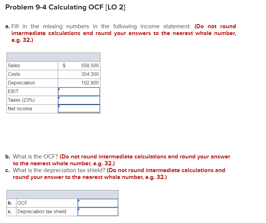 Solved Problem 9-4 Calculating OCF (LO 2] a. Fill in the | Chegg.com