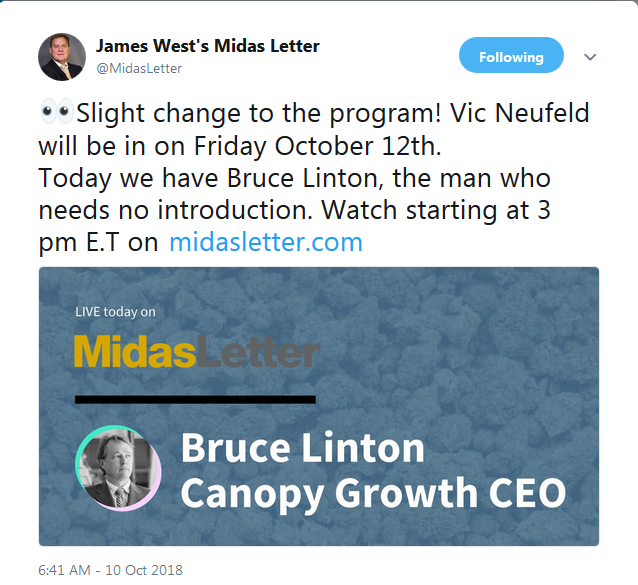 Midas Letter interviews: Vic Neufeld (Aphria) changed to 10/12 -- Bruce ...