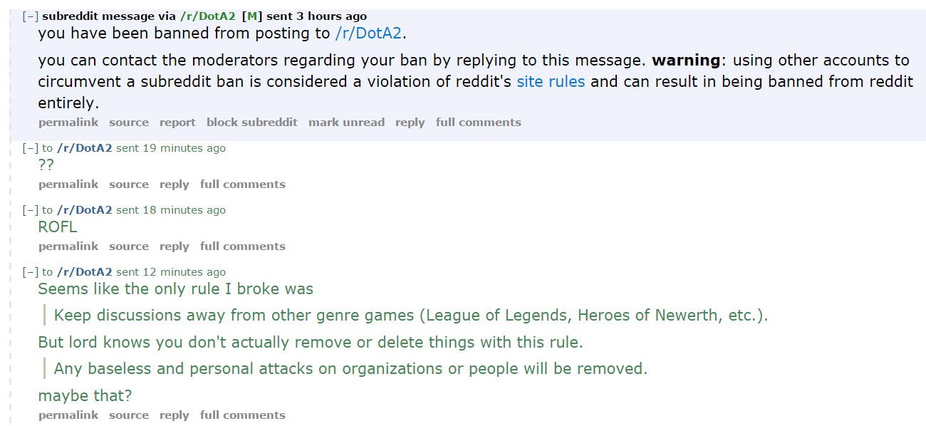 Alright /u/leafeator and /u/intolerable, lets see why you banned me ...