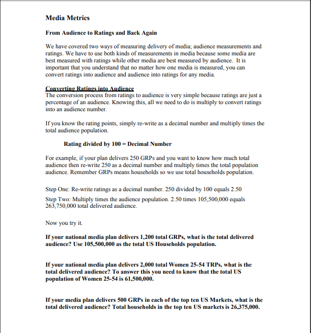 Media Metrics From Audience to Ratings and Back Again | Chegg.com