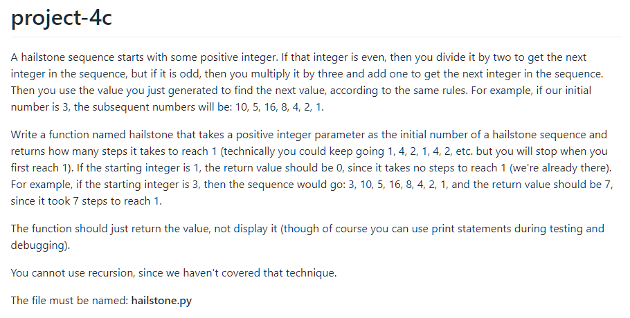 Solved project-4c A hailstone sequence starts with some | Chegg.com