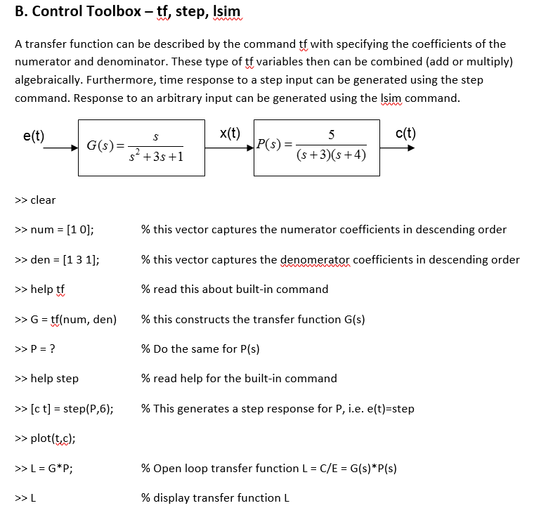 Solved B. Control Toolbox - tf, step, Isim A transfer | Chegg.com