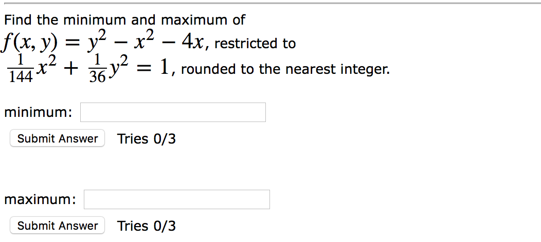 Solved Find the minimum and maximum of f(x, y) y2 -x2 - 4x, | Chegg.com