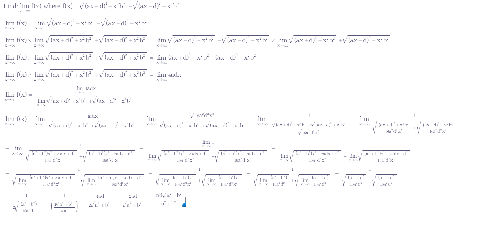 Limit of function $f(x) = sqrt((x*a + d)^2 + x^2*b^2) - sqrt((x*a - d ...