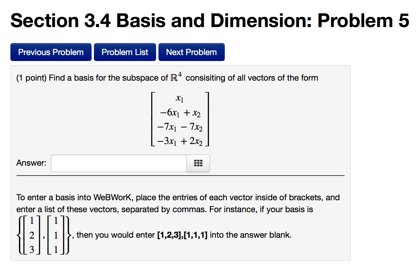 Solved Section 3.4 Basis and Dimension: Problem 5 Previous | Chegg.com