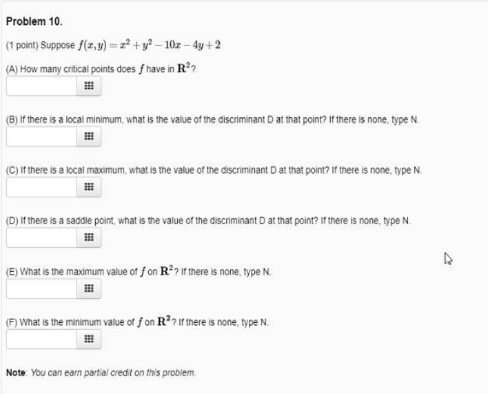 Solved Problem 10 (1 point) Suppose f(z,y) y2-10 -4y+ 2 A) | Chegg.com