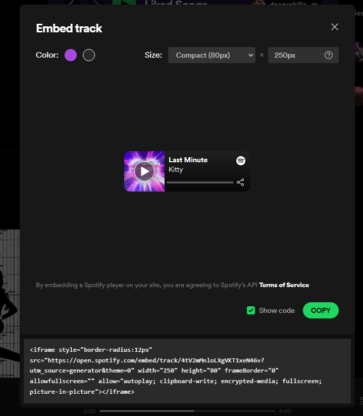 embedding spotify tracks on Toyhouse