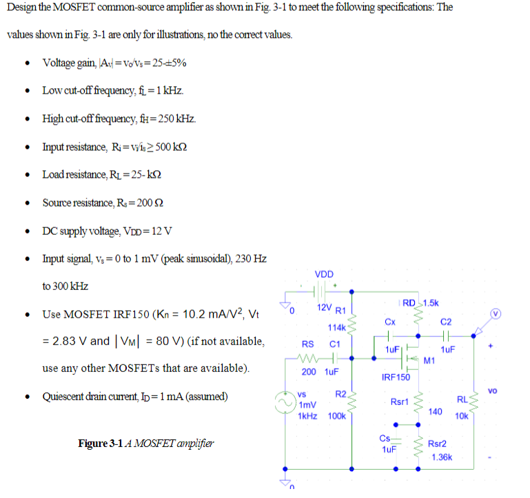 Solved Design the MOSFET common-source amplifier as shown in | Chegg.com