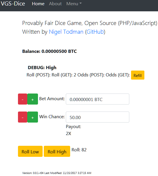 GitHub - VTSTech/VGS-Dice: VGS-Dice - Provably Fair Dice Game, Open ... GitHub - VTSTech/VGS-Dice: VGS-Dice - Provably Fair Dice Game, Open ...