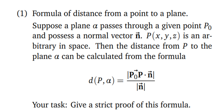 Solved (1) Formula of distance from a point to a plane. | Chegg.com