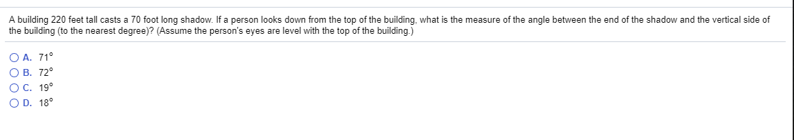 Solved A building 220 feet tall casts a 70 foot long shadow. | Chegg.com