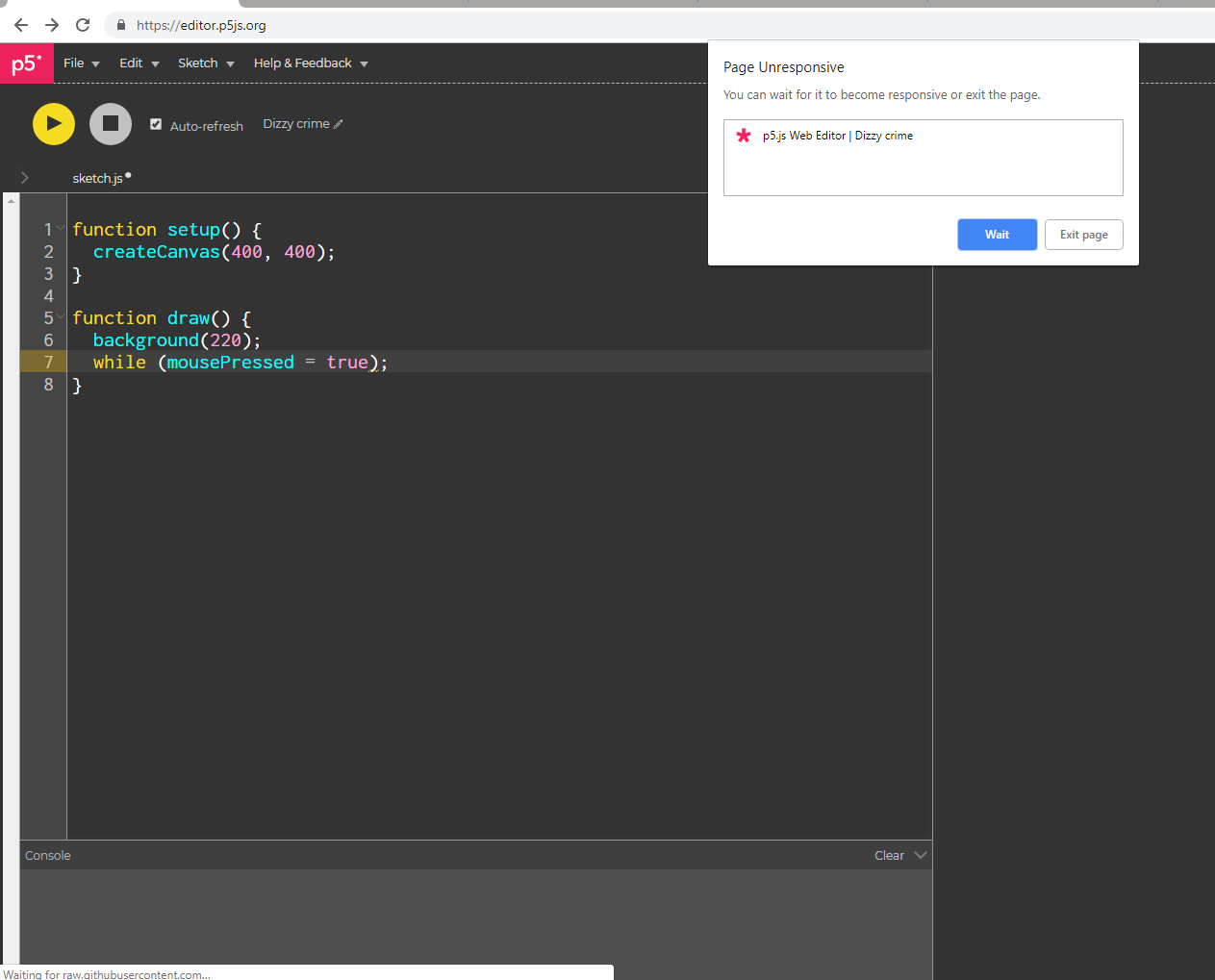 Line Of Text Causes Chrome Browser To Go Unresponsive · Issue 744 · Processingp5js Web Editor