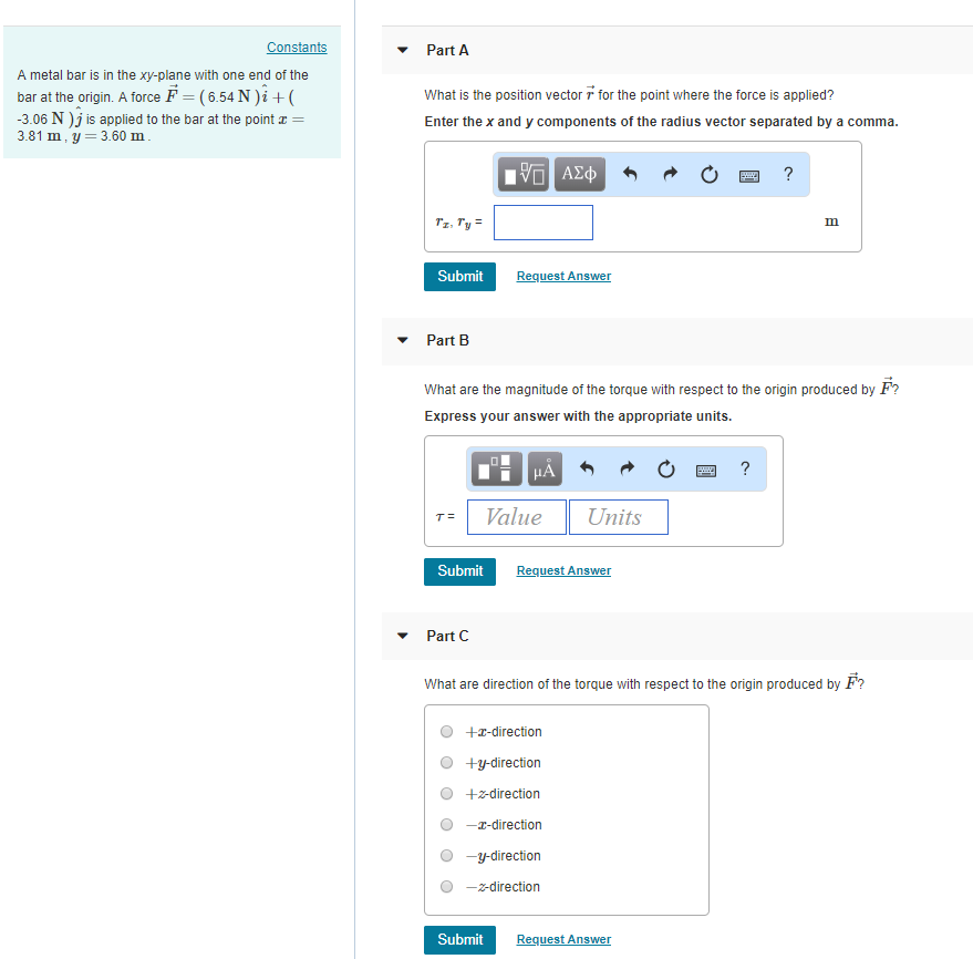 Solved Constants Part A A metal bar is in the xy-plane with | Chegg.com