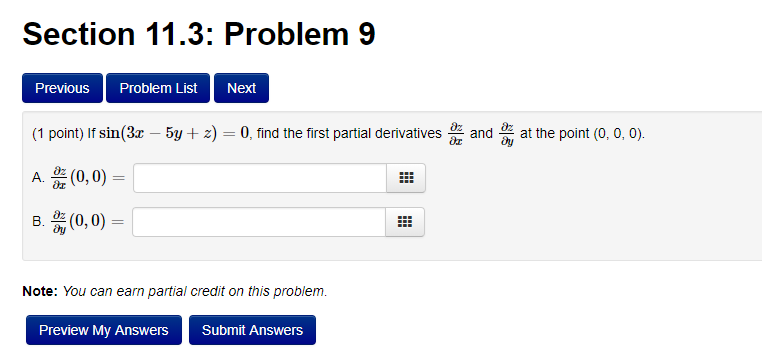 Solved PreviouS Problem List Next (1 point) lfsin(3z-5y + | Chegg.com