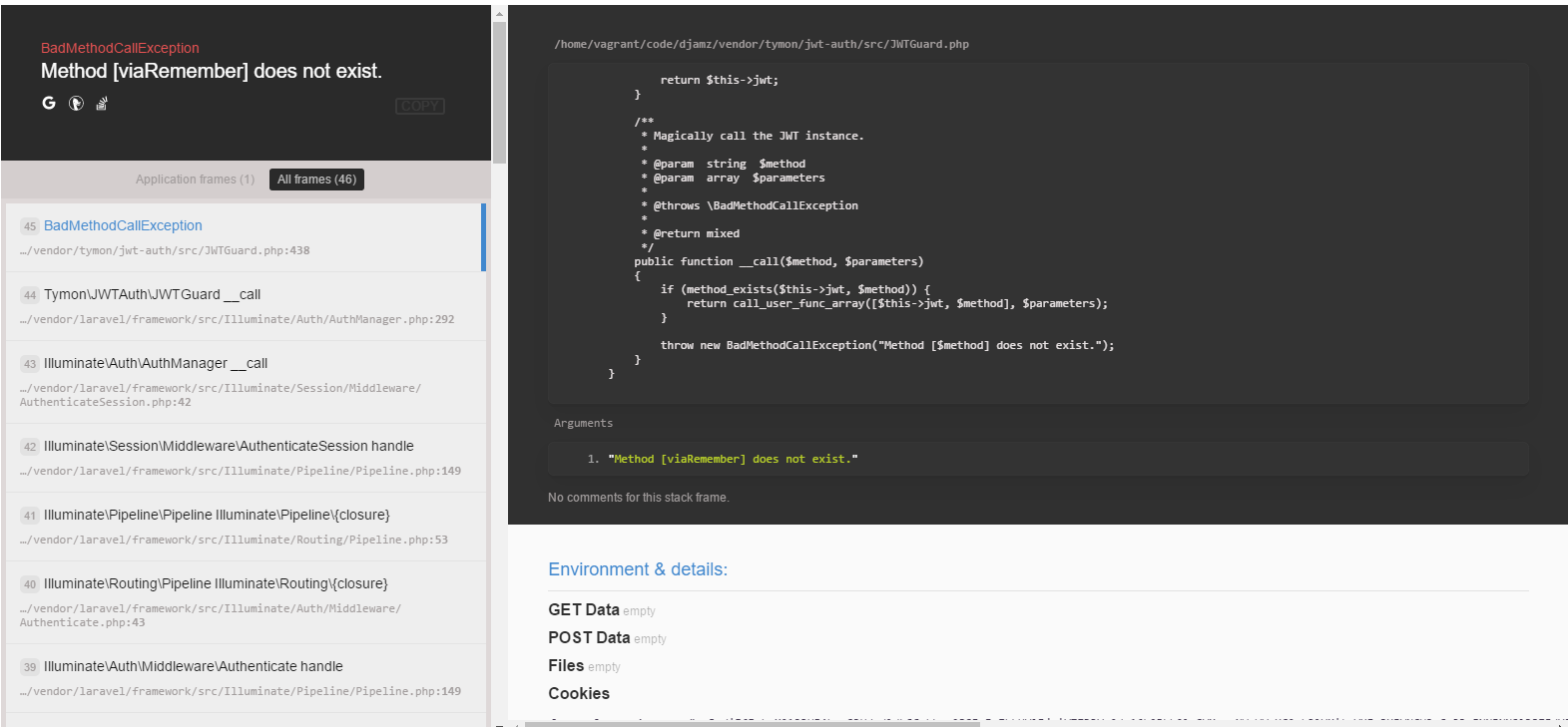 Method [viaRemember] does not exist. · Issue #1436 · tymondesigns/jwt-auth · GitHub