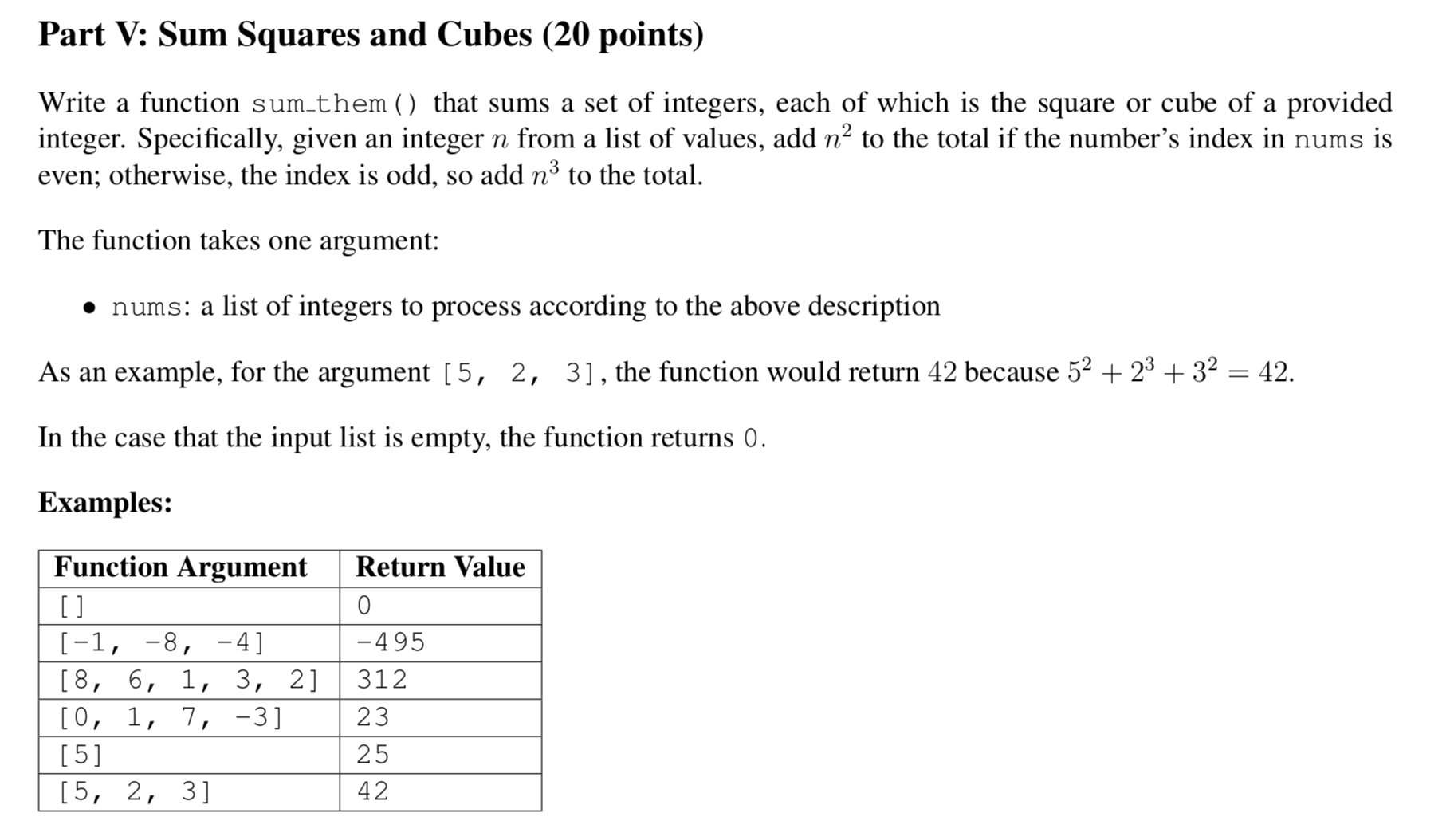 Solved Part V Sum Squares And Cubes 20 Points Write A