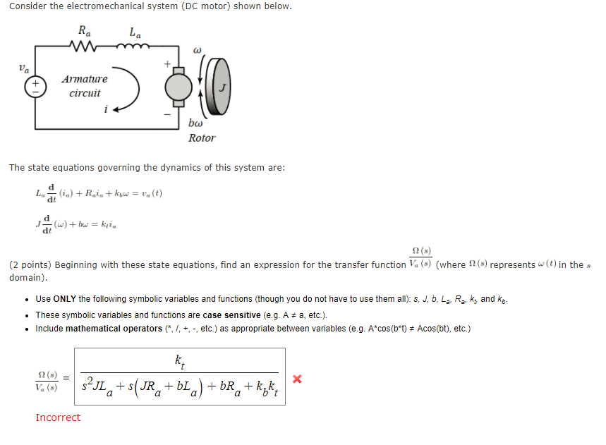 Solved Consider the electromechanical system (DC motor) | Chegg.com
