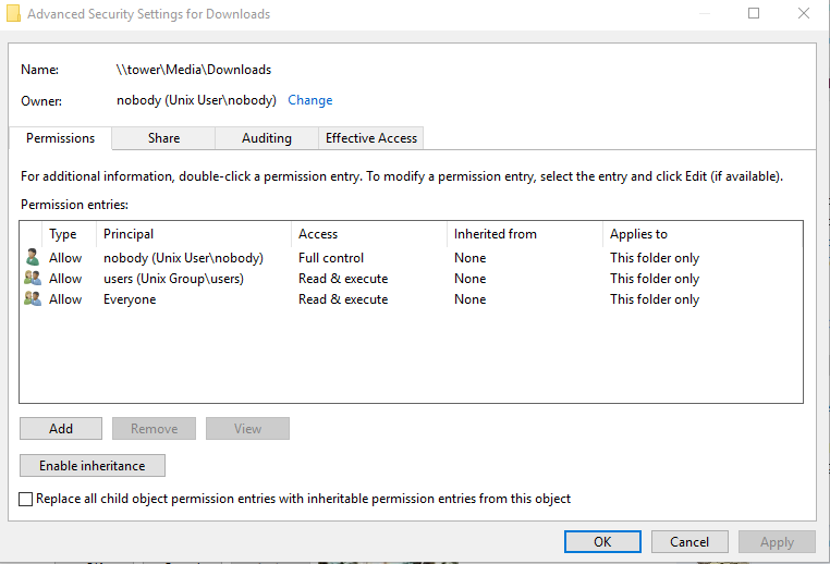 Unable to change permissions to 'Full Controll' for Public SMB share - General Support - Unraid